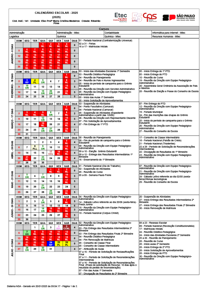Calendário • Etec Professora Maria Cristina Medeiros
